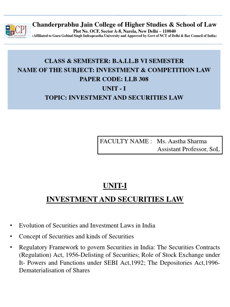 Unit 1 - Investment & Competition Law - LLB 308 - BALLB VI Sem | PDF | Stocks | Securities (Finance)