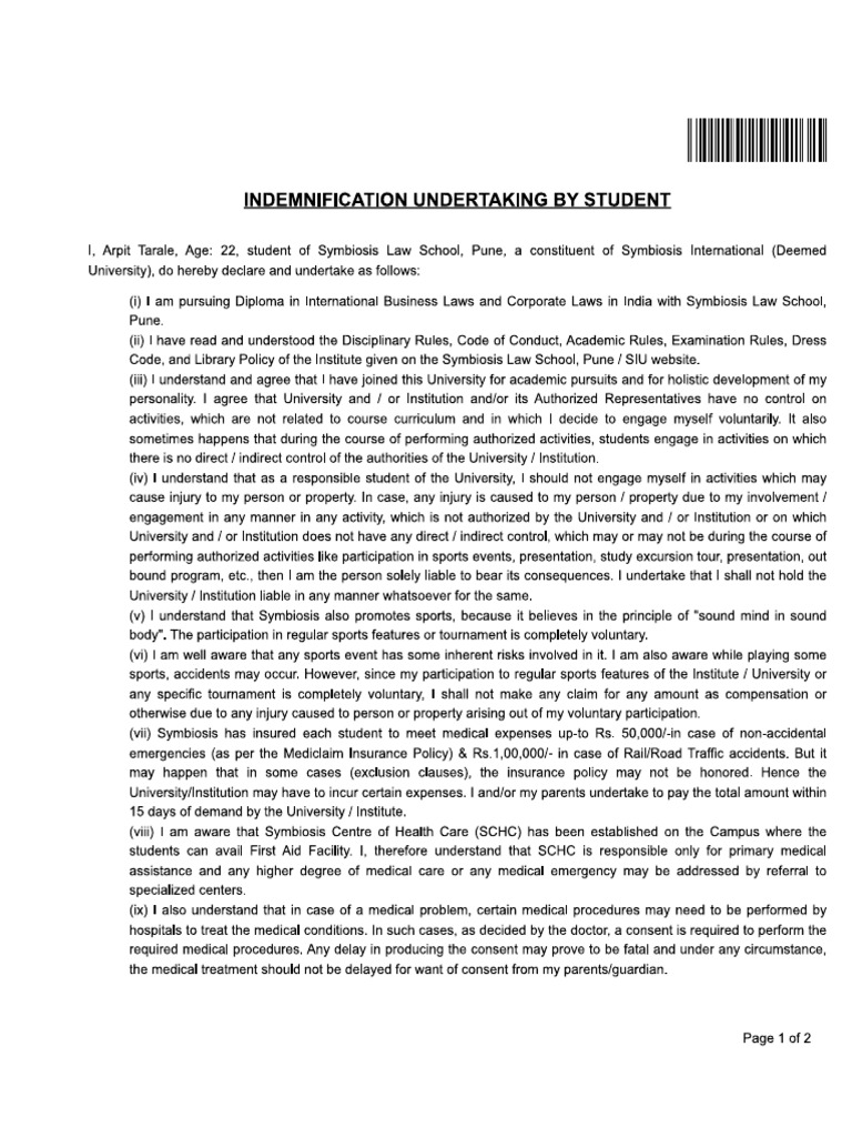 Symbi Indemnity Form | PDF