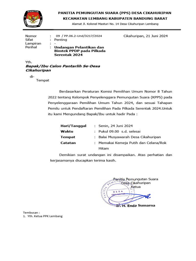 Undangan Bimtek Pilkada 2024 Cikahuripan | PDF