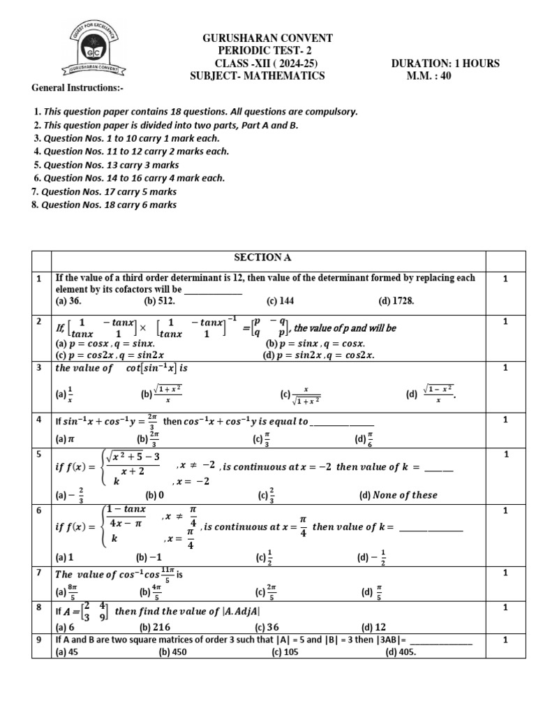 Class XII Mathematics Periodic Test 2 | PDF | Mathematics | Algebra