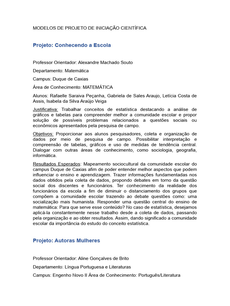 MODELOS DE PROJETO DE INICIAÇÃO CIENTÍFICA | PDF | Gênero | Estudos de ... MODELOS DE PROJETO DE INICIAÇÃO CIENTÍFICA | PDF | Gênero | Estudos de ...
