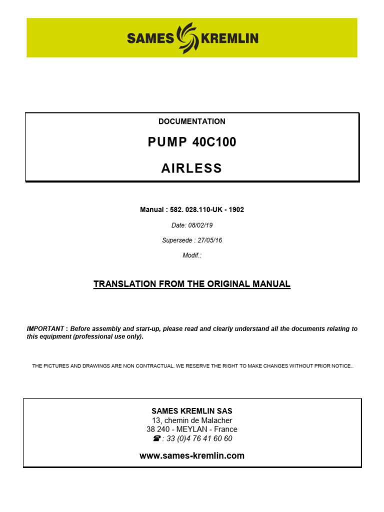 Airless Pump - 40C100 Instructions Manual Sames Kremlin 582028110 Uk ...