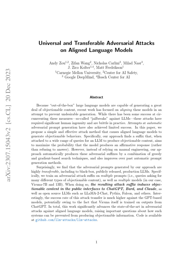 Universal and Transferable Adversarial Attacks On Aligned Language Models | PDF | Gradient ...