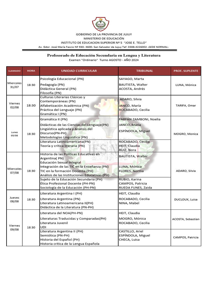Mesas de Examenes Agosto2024 Normal Definitivo | PDF | Maestros | Biología