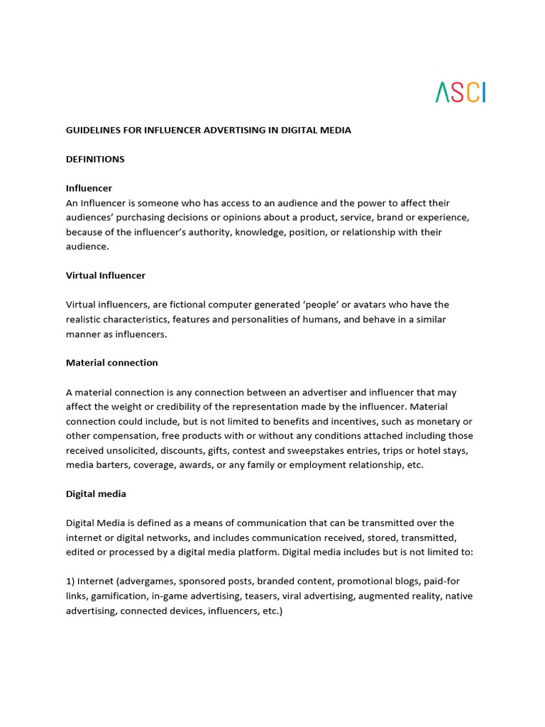 Guidelines For Influencer Advertising in Digital Media - Asci | PDF ...