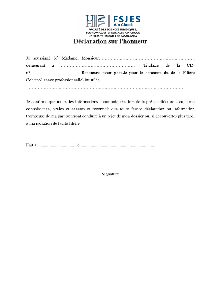 Déclaration sur l'honneur d'inscription | PDF