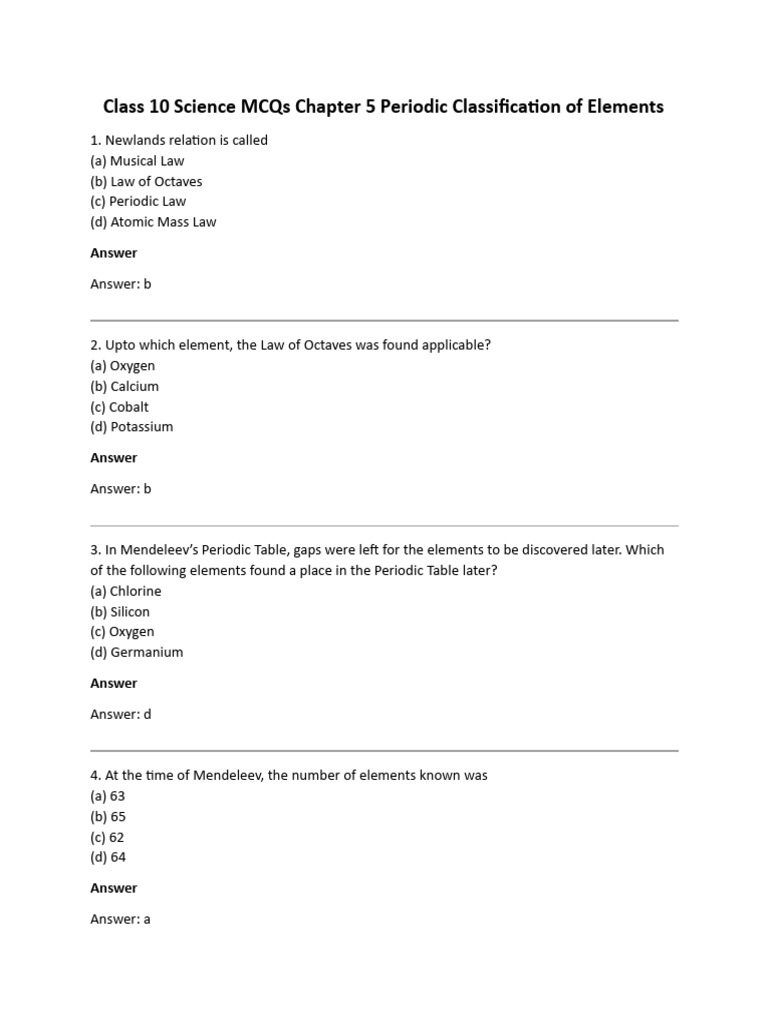 Class 10 Science MCQs Chapter 5 Periodic Classification of Elements | PDF | Periodic Table ...