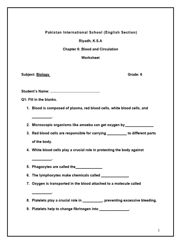 Grade 6 Blood and Circulation - Worksheet 2024 NIMRA ZAI | PDF | Heart ...