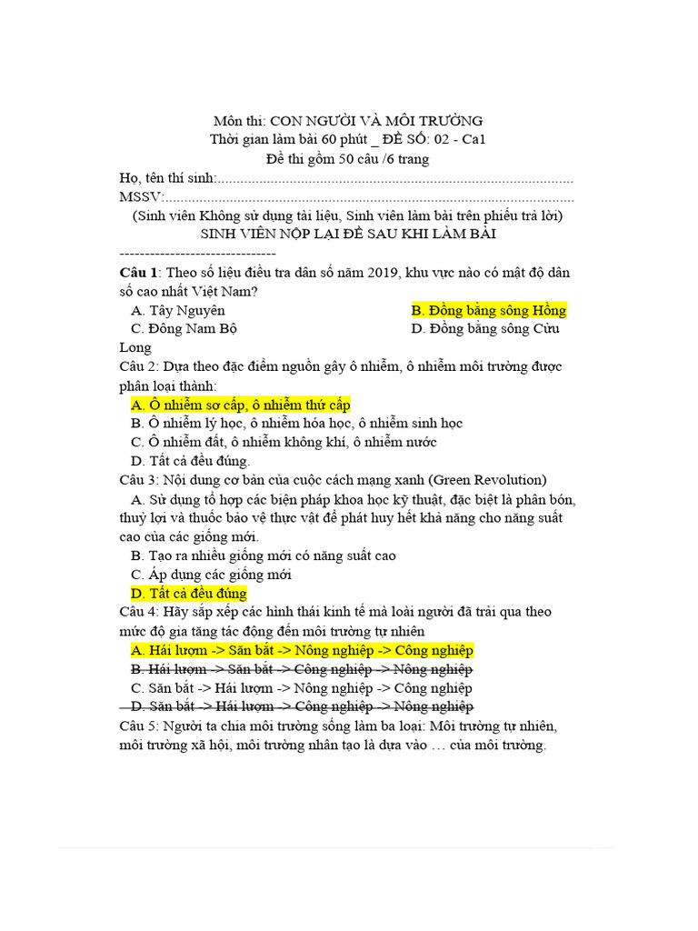 Trac Nghiem Cuoi Ky Con Nguoi Va Moi Truong Truong Dai Hoc Mo Thanh PH 76049 | PDF