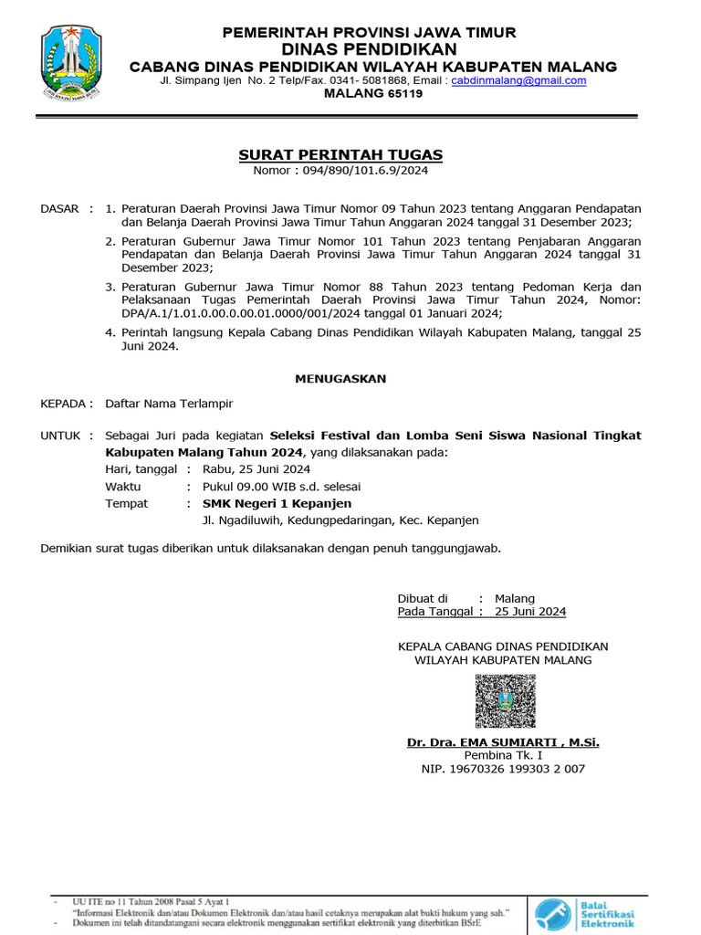 SPT - Juri Seleksi Peserta FLS2N Tingkat Kab Malang 2024 | PDF