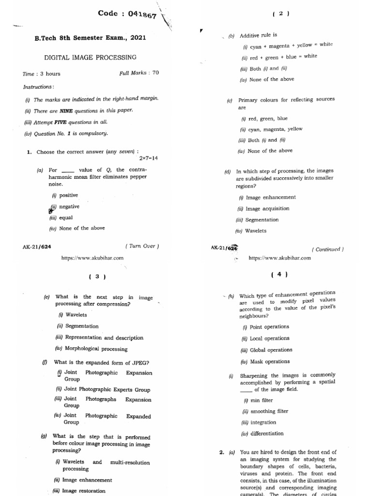 2021ece-,2022,2023-8th-EE-DIP-PYQ BEU | PDF | Data Compression | Filter (Signal Processing)