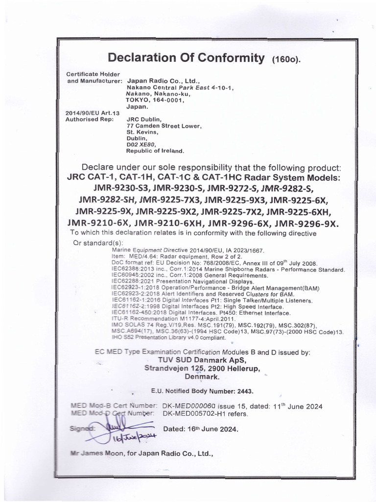 101-RadarSea JRC JMR-9200 MED-DoC Certificate 16-6-2024 | PDF | European Union | European ...
