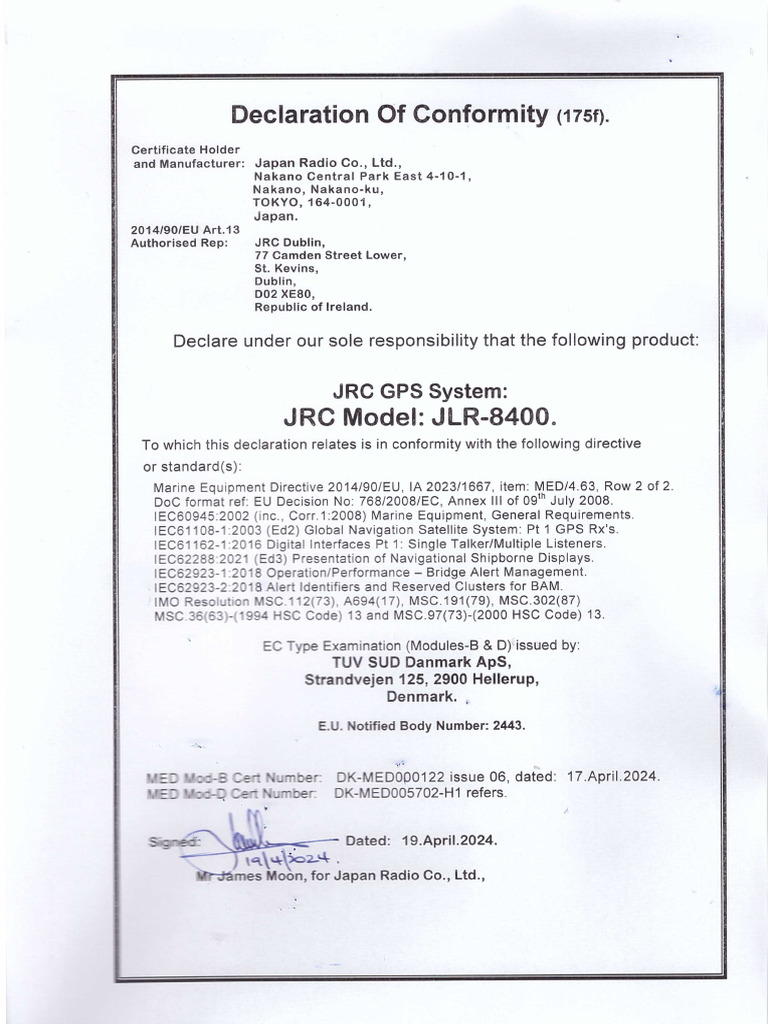 150-GPSnav JRC JLR-8400 MED-DoC Certificate 19-4-2024 | PDF