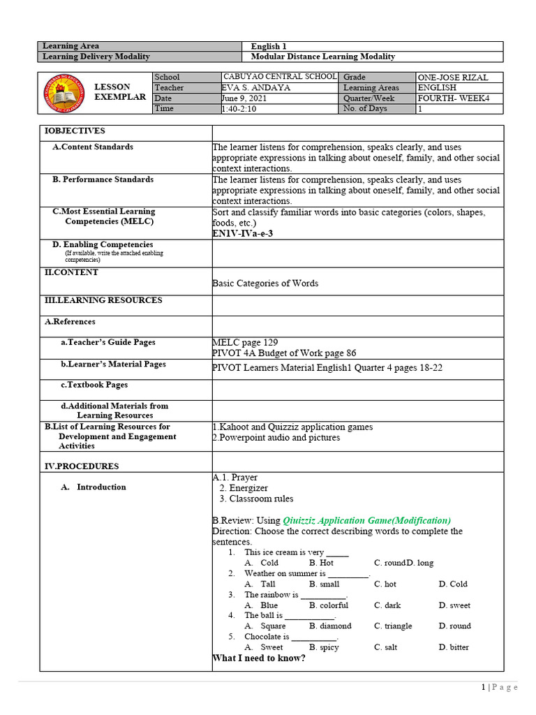 LE-English-1_Week-4_Q4-COT2 | PDF | Learning | Cognition