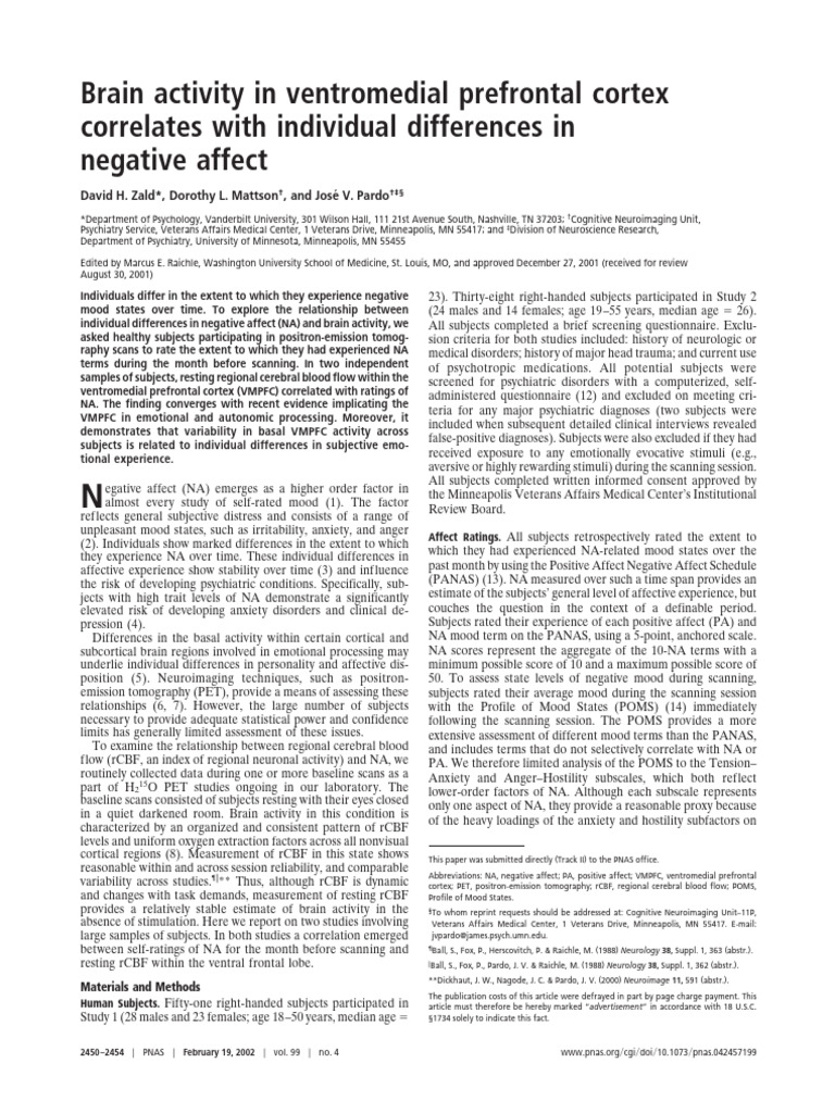 Zald VMPFC Negativeaffect PNAS99 | PDF | Frontal Lobe | Affect (Psychology)