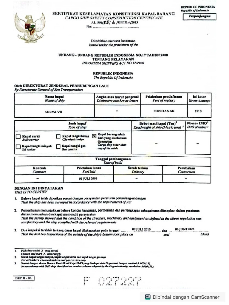 Cargo Ship Safety Contruction Certificate | PDF