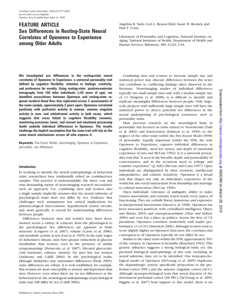 Sutin - Sexdifference - Resting State - CC09 | PDF | Dorsolateral Prefrontal Cortex | Prefrontal ...