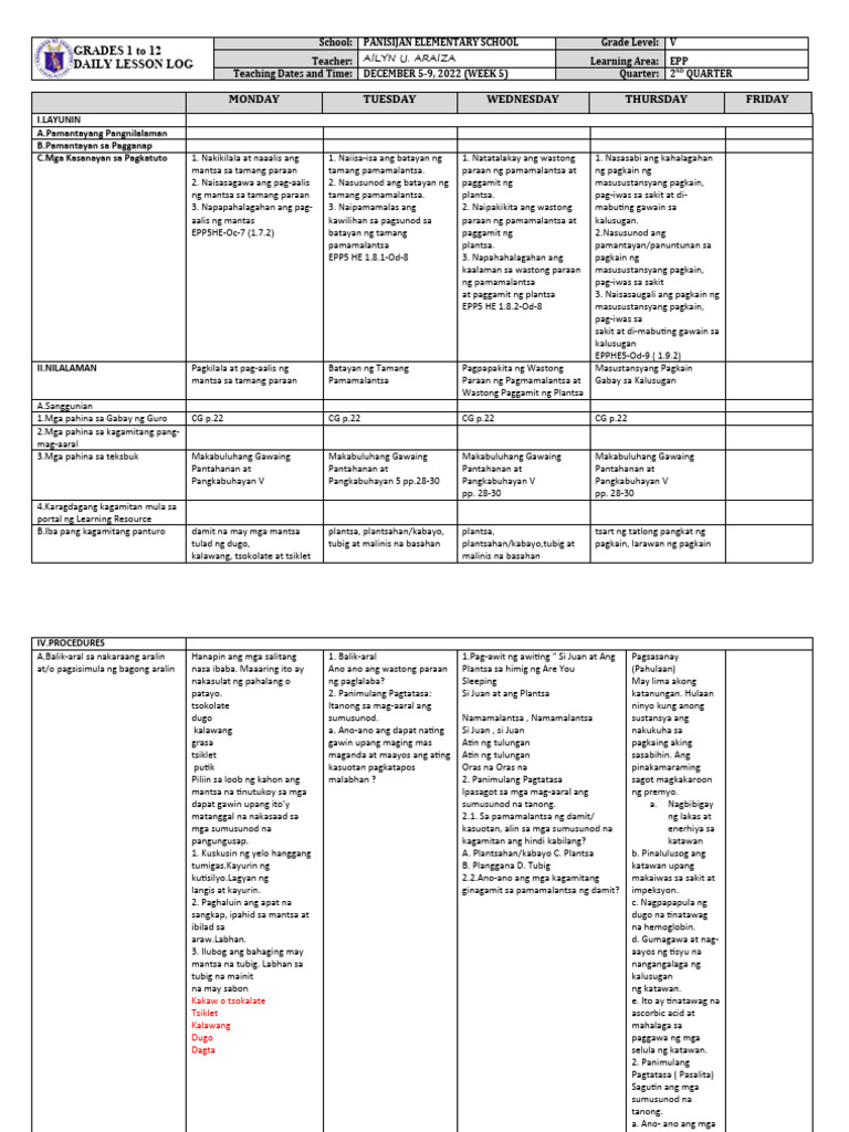 DLL - Epp 5 - Q2 - W5 | PDF
