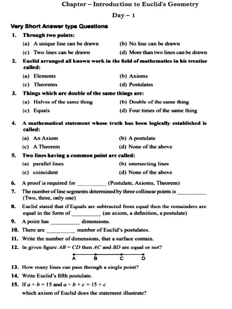 Introduction To Euclid's Geometry Worksheet | PDF | Line (Geometry) | Axiom