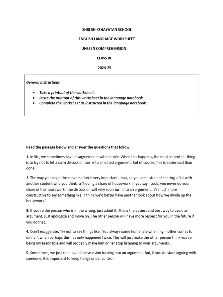 English Worksheet On Unseen Comprehension - Class IX - 2024-25 | PDF ...