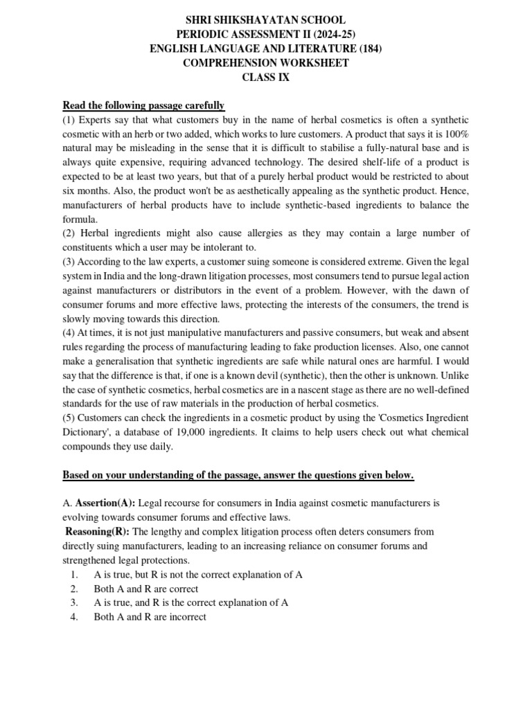 Class IX English Comprehension Worksheet | PDF | Cosmetics