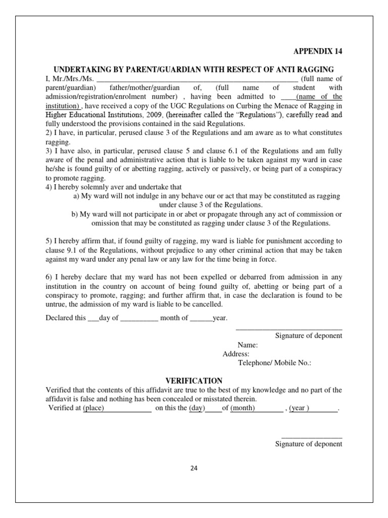 Appendix 14 Undertaking by Parent/Guardian With Respect of Anti Ragging ...