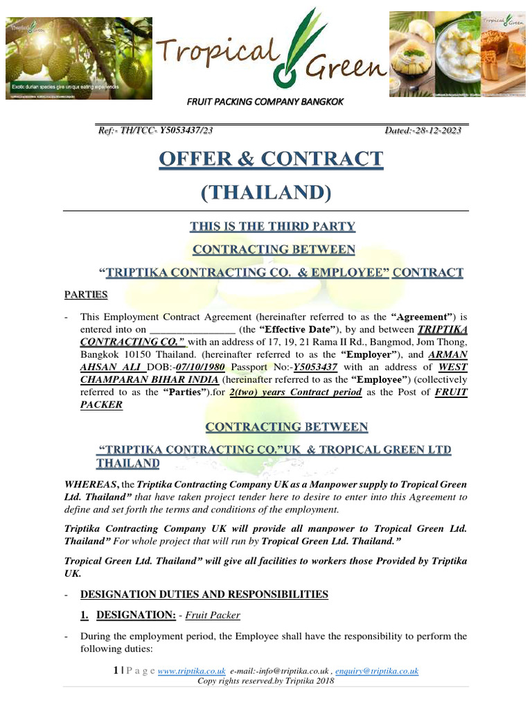 ARMAN AHSAN ALI BANGKOK CONTRACT LETTER | PDF | Employment | Salary