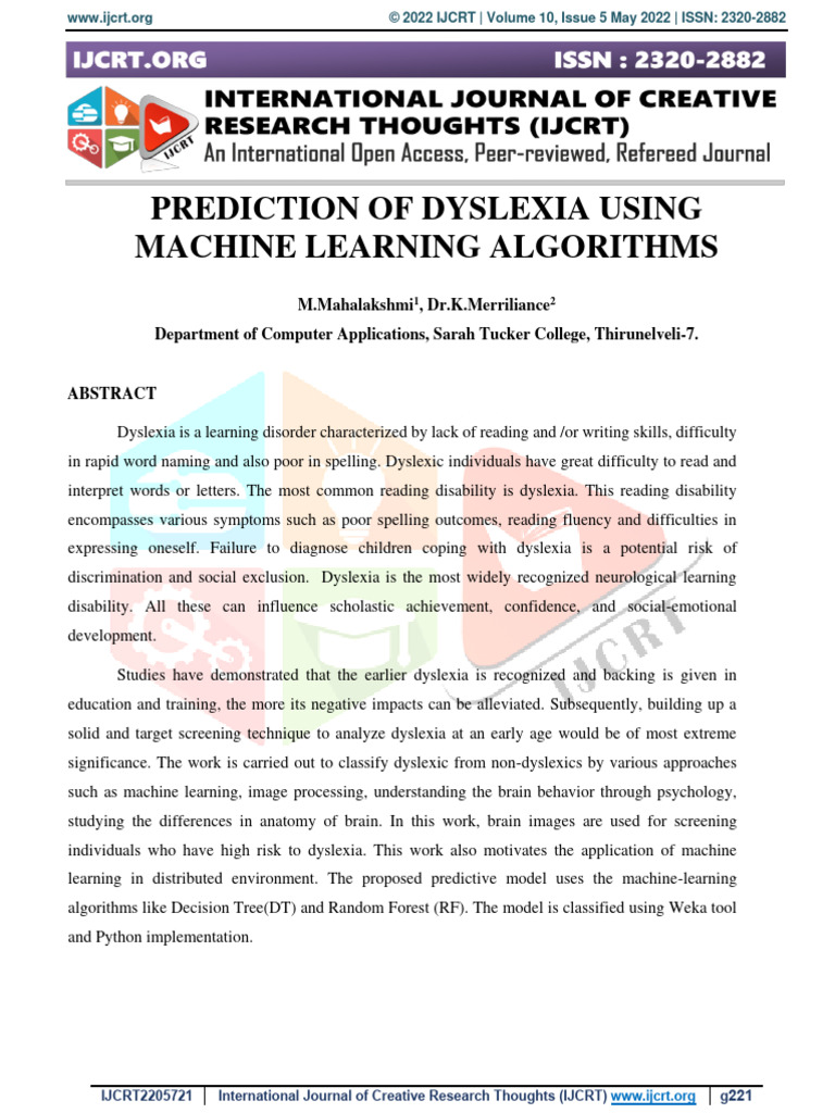 Dyslexia Prediction via Machine Learning | PDF | Machine Learning | Dyslexia