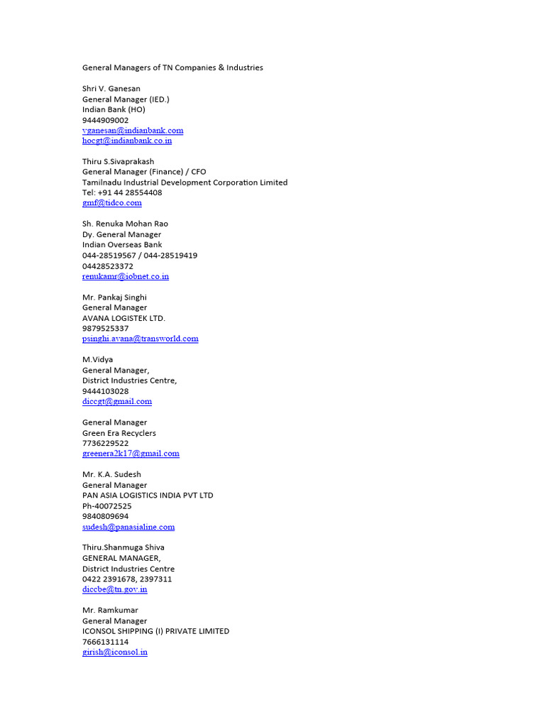 TN General Managers Contact List | PDF
