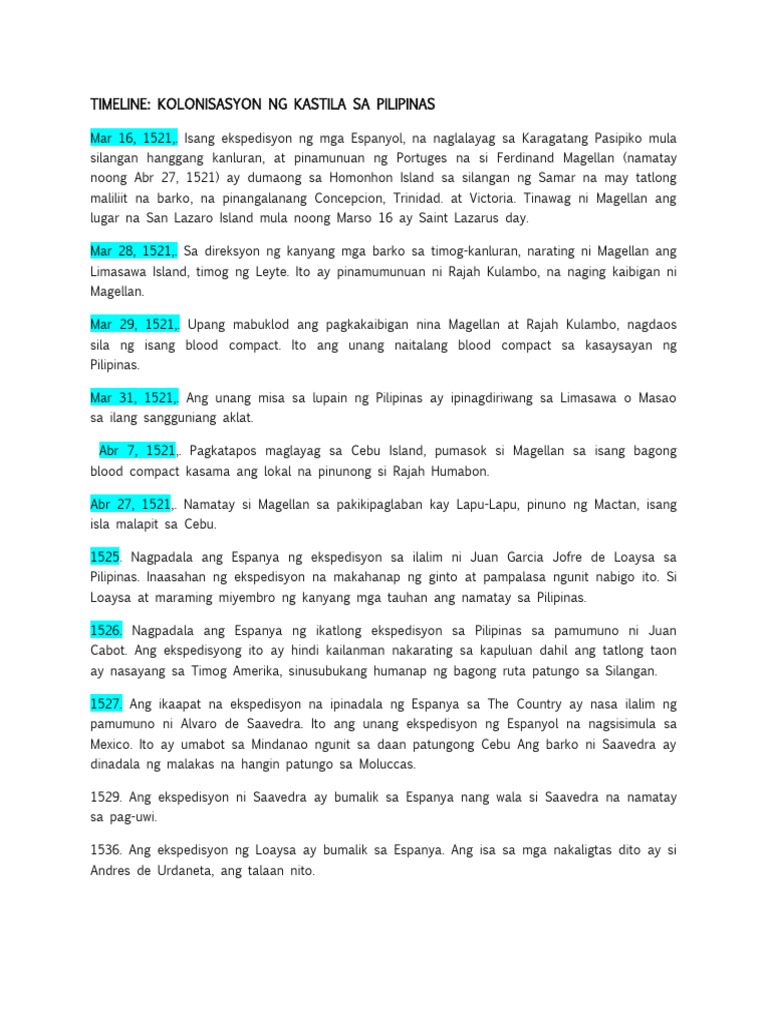 AP6 Timeline of Spanish Colonization of The Philippines | PDF