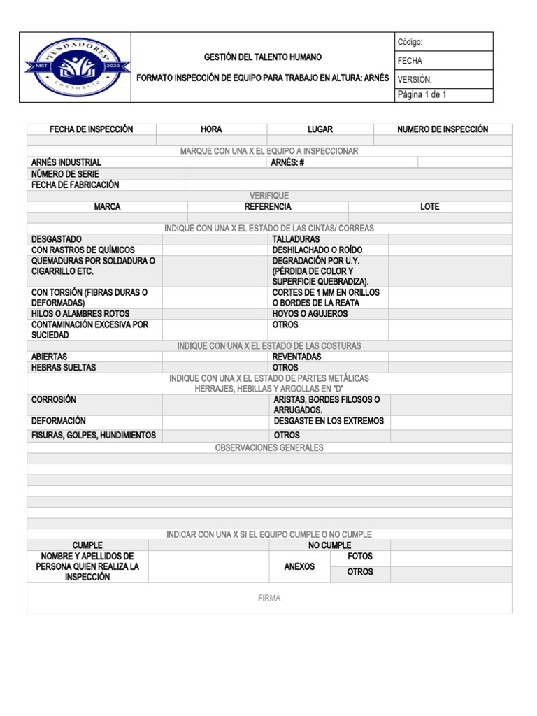 Inspeccion Equipo de Trabajo en Alturas - Arnes 0 | PDF | Materiales | Procesos industriales