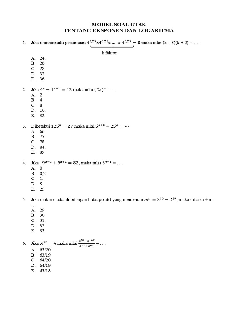 Model Soal UTBK (Eksponen Logaritma) | PDF