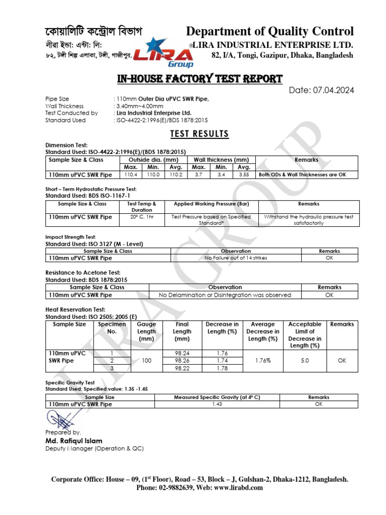 Lira PVC Pipe Test Report 2024 | PDF | Pipe (Fluid Conveyance ...