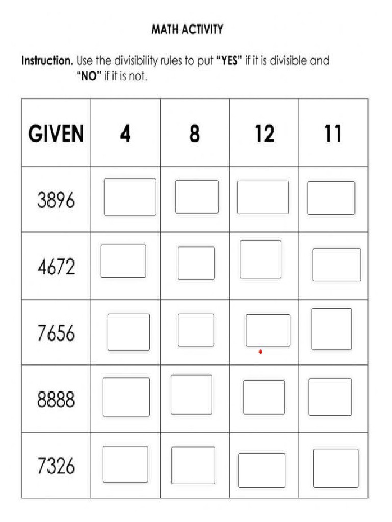 Math Activity Divisibility 4, 8, 11, 12 | PDF