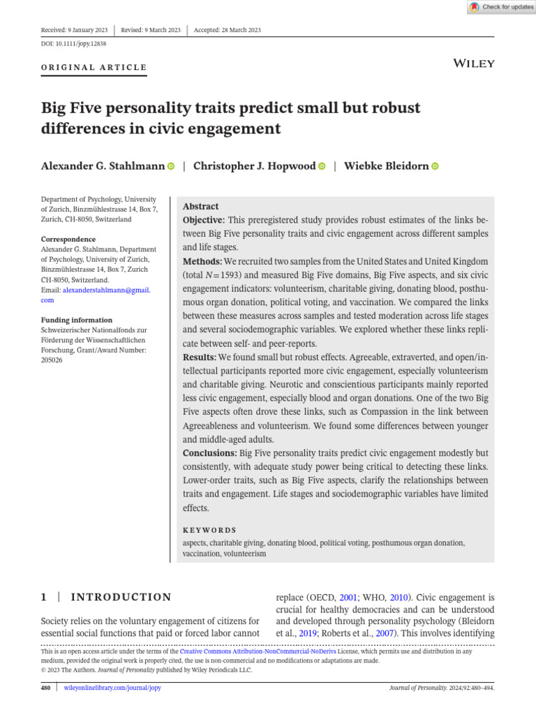 Journal of Personality - 2023 - Stahlmann - Big Five Personality Traits ...