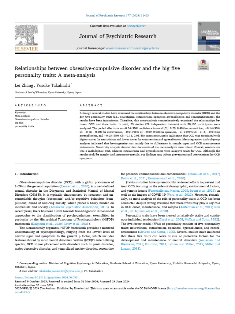 Relationships between obsessive-compulsive disorder and the big five ...