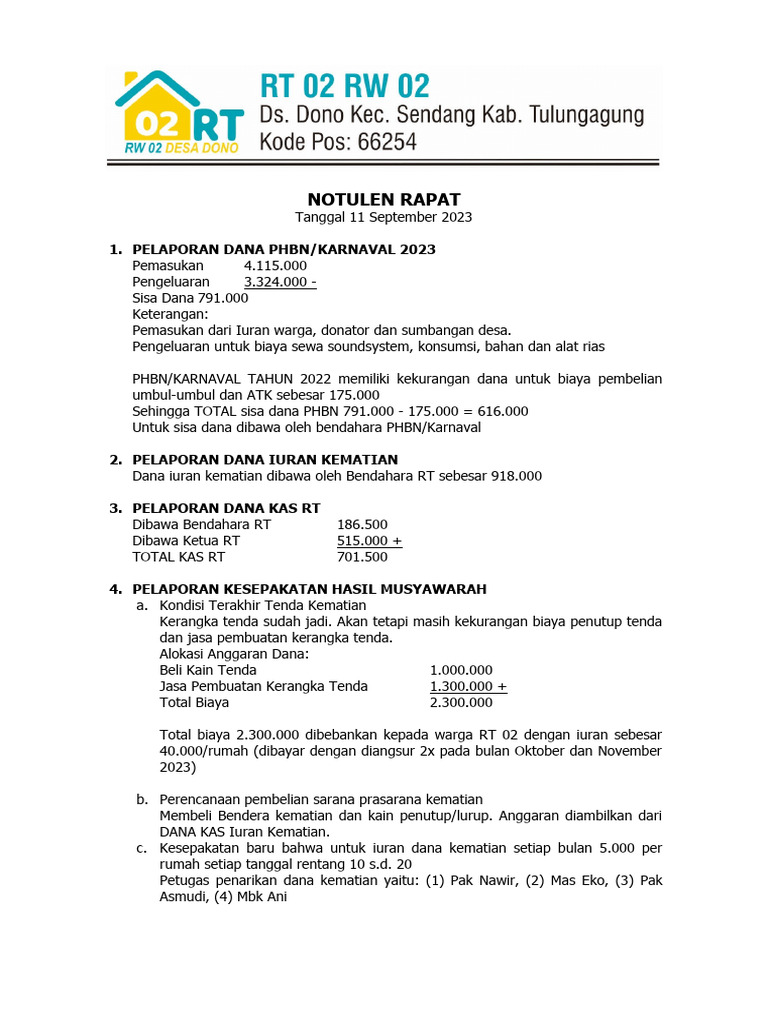 Notulen Rapat Keuangan RT 02 September 2023 | PDF