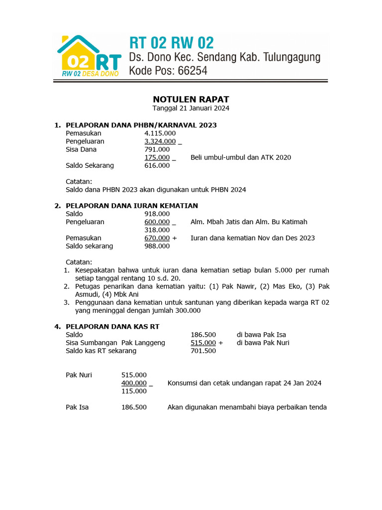 Notulen Rapat RT 02 Tanggal 21 Januari 2024 | PDF | Perjalanan | Griya ...
