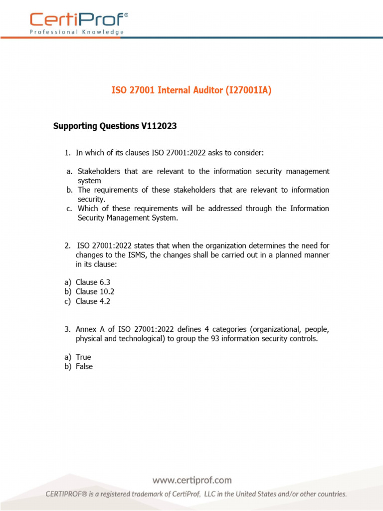 Sample Exam ISO 27001 Internal Auditor (V112023) EN | PDF | Audit | Auditor's Report