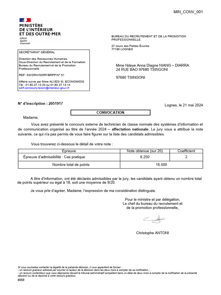 N° D'inscription: 2051917 Convocation: Sdrf-Concours-Tsiccn@ | PDF