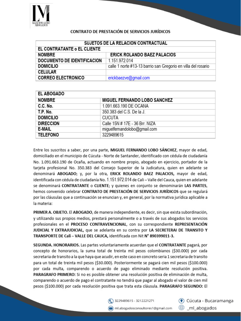 Contrato de Prestación de Servicios Jurídicos - Contravenciones Erick Baez | PDF | Abogado ...