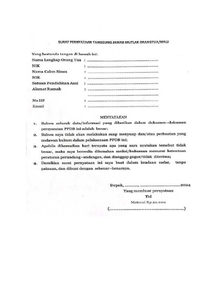 Surat Pernyataan Pertanggung Jawab Otang Tua Siswa | PDF