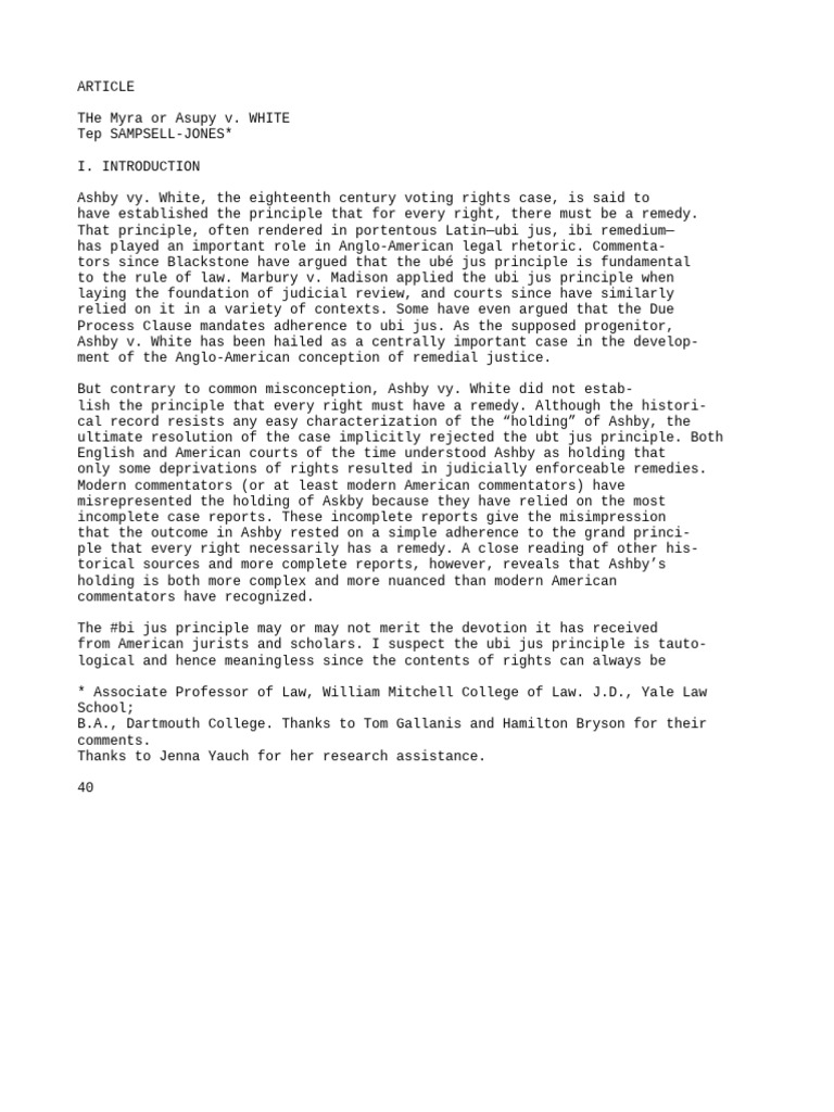 The Myth of Ashby v. White | PDF | Lawsuit | Judgment (Law)
