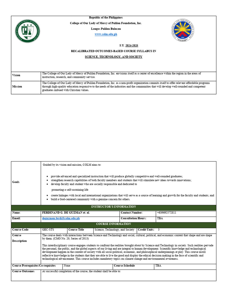 OBE Syllabus Science Technology Society SY 2024 2025 | PDF | Science ... OBE Syllabus Science Technology Society SY 2024 2025 | PDF | Science ...