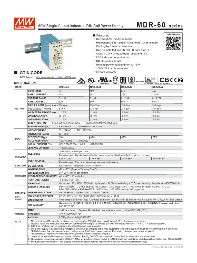 MDR 60 Spec | PDF | Power Supply | Rectifier