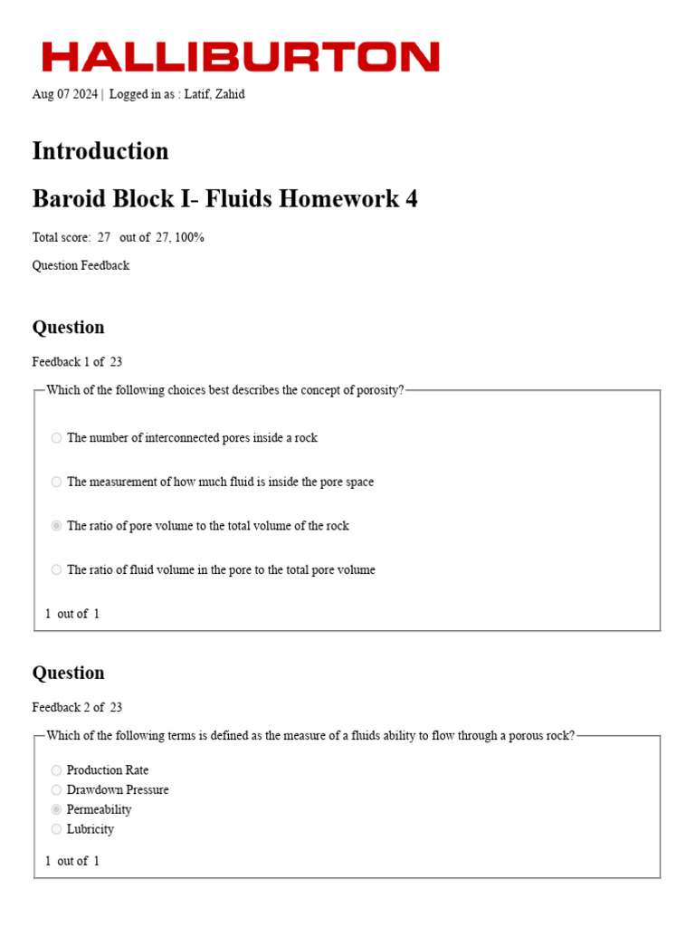 Baroid Block I-Fluids Homework 4 | PDF | Porosity | Pressure