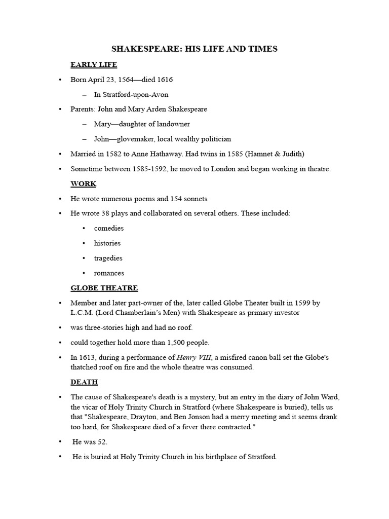 Shakespeare Background Handout | PDF | William Shakespeare | Tragedy