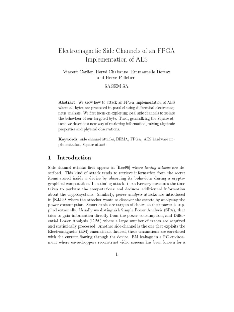 Electromagnetic Side Channels of An FPGA Implementation of AES | PDF ... Electromagnetic Side Channels of An FPGA Implementation of AES | PDF ...