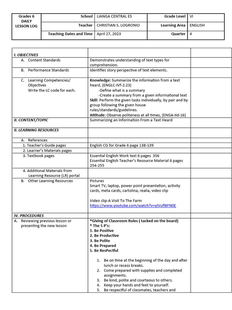 Cot - DLP English 6 - Summarizing Informations Heard by Master Teacher Eva M. Corvera | PDF ...