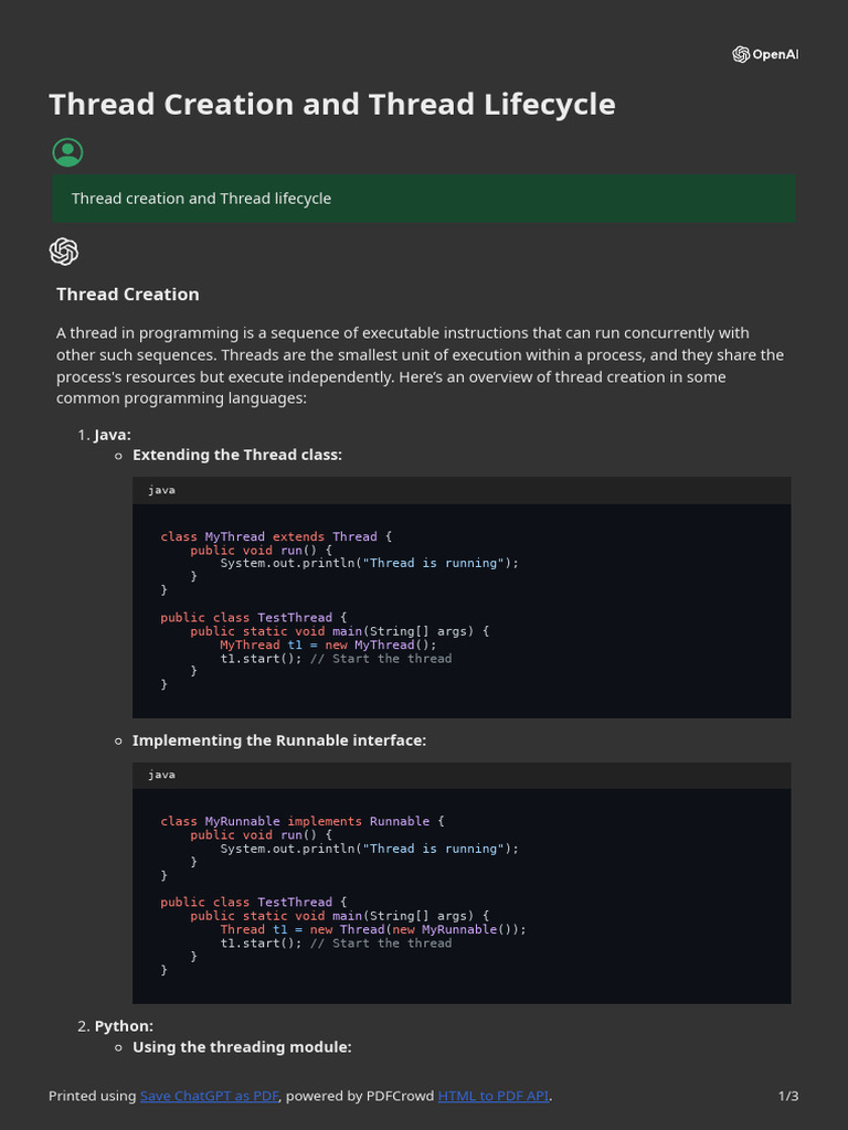 Thread Creation and Thread Lifecycle | PDF | Thread (Computing) | Java (Programming Language)